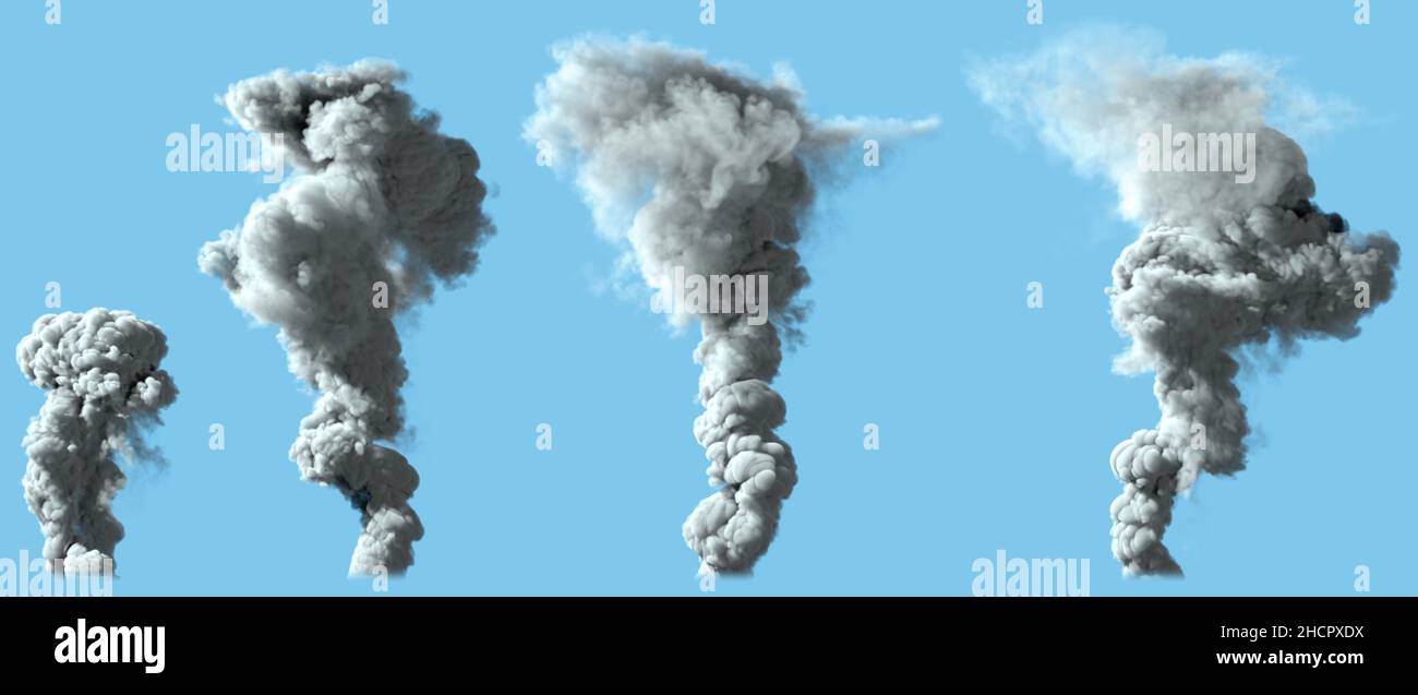 4 renders of heavy bright smoke column as from volcano or huge ...