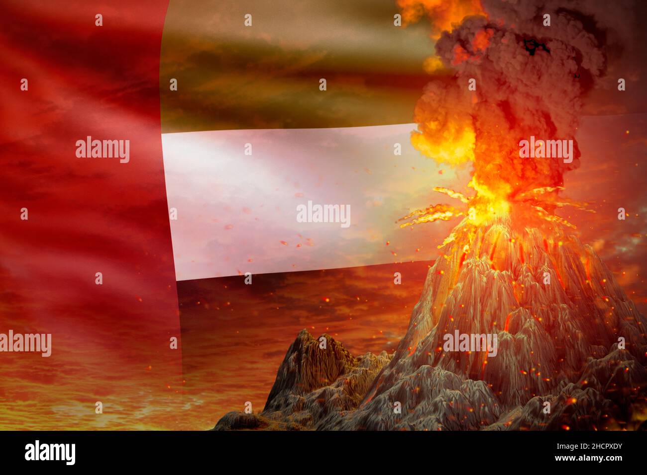 volcano eruption at night with explosion on United Arab Emirates flag ...