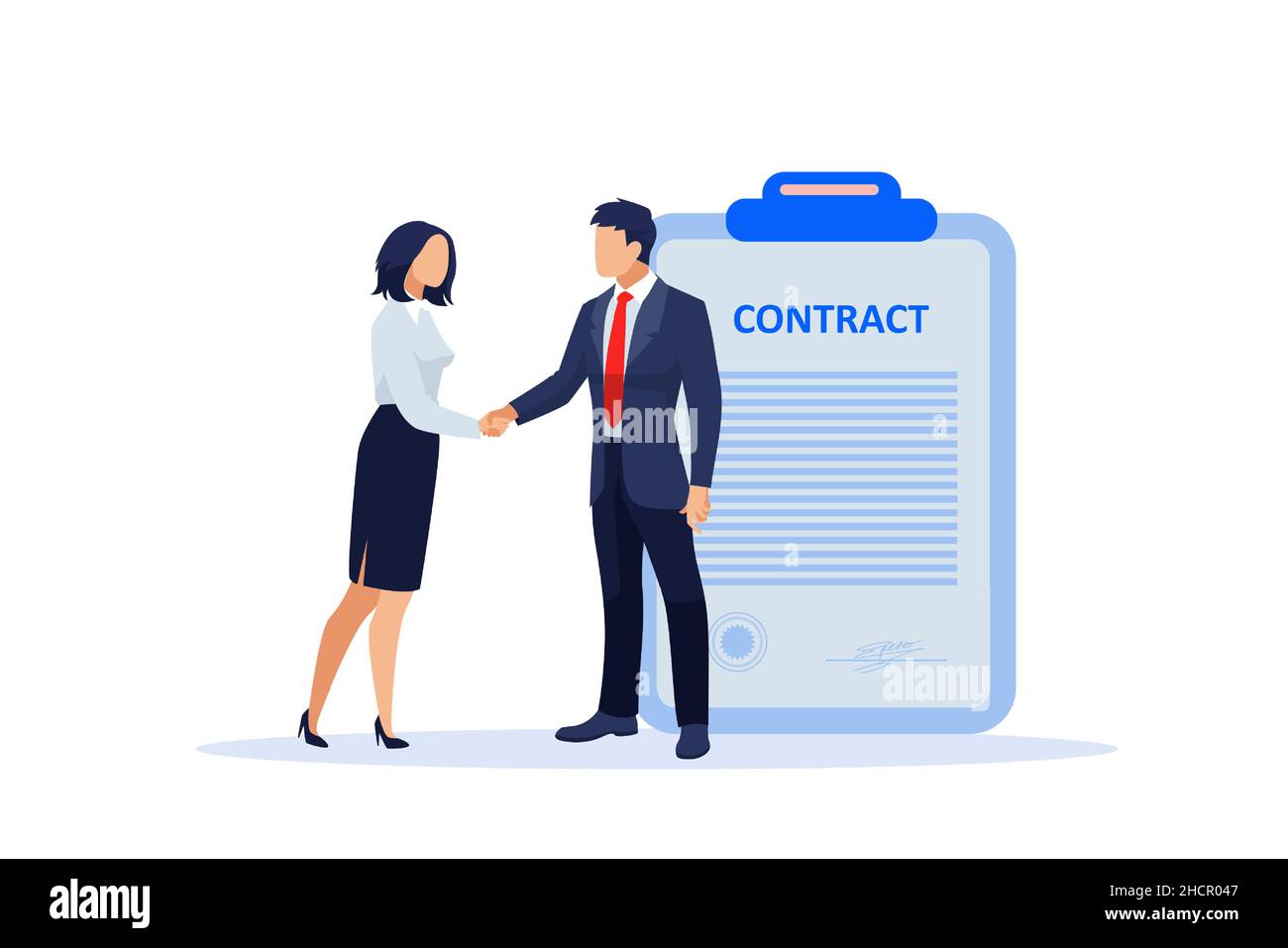 Vector of a businessman and a businesswoman handshaking after signing a ...
