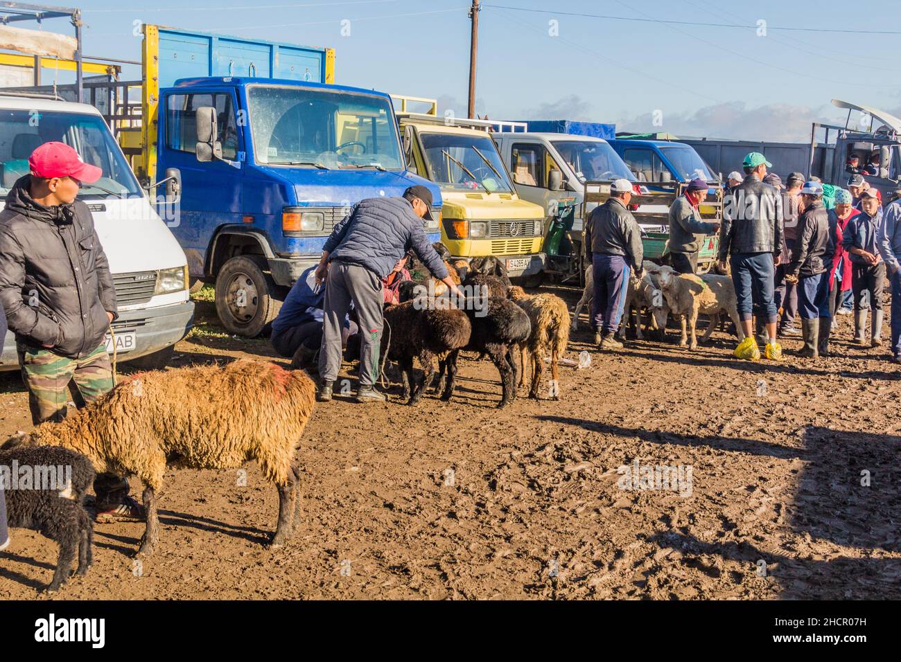 KARAKOL, KYRGYZSTAN - JULY 15, 2018: Local people at the Animal market ...