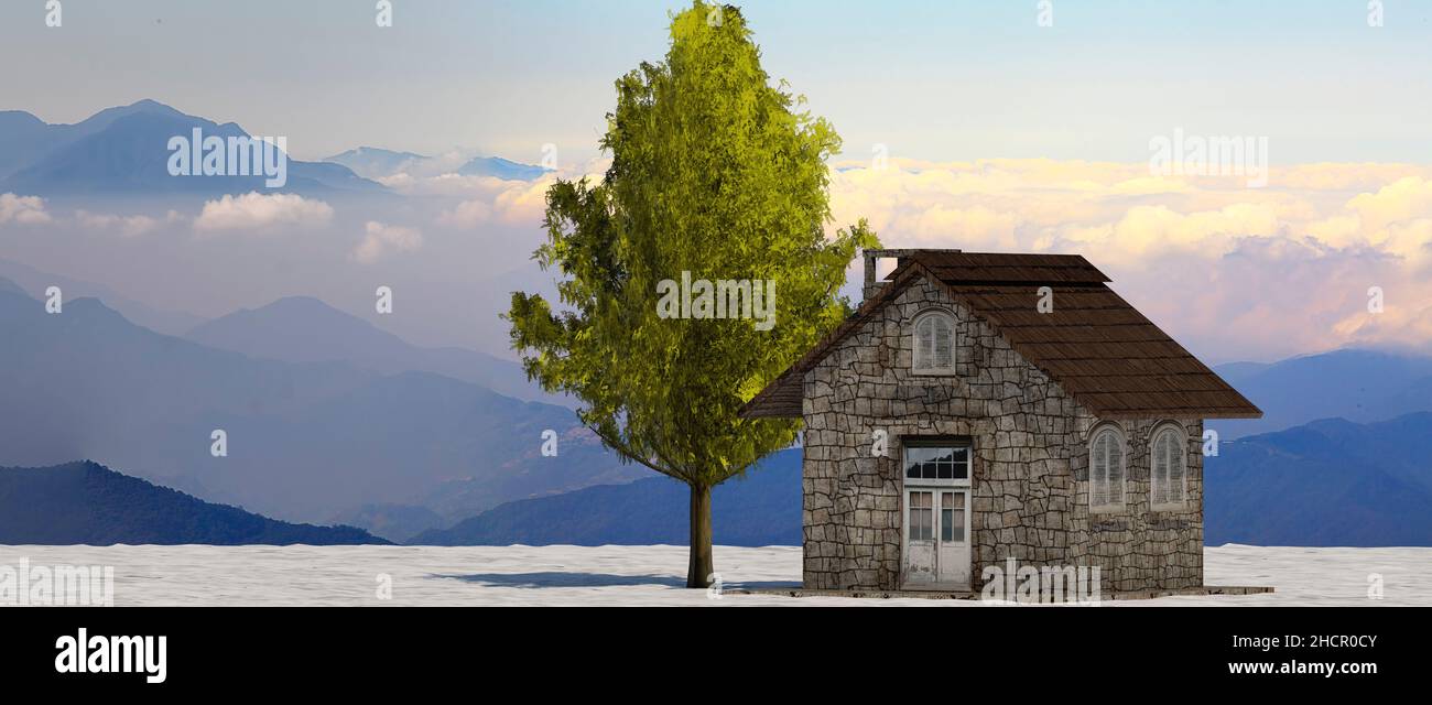 The 3d rendering tree and house in full leaf in winter against sky ...