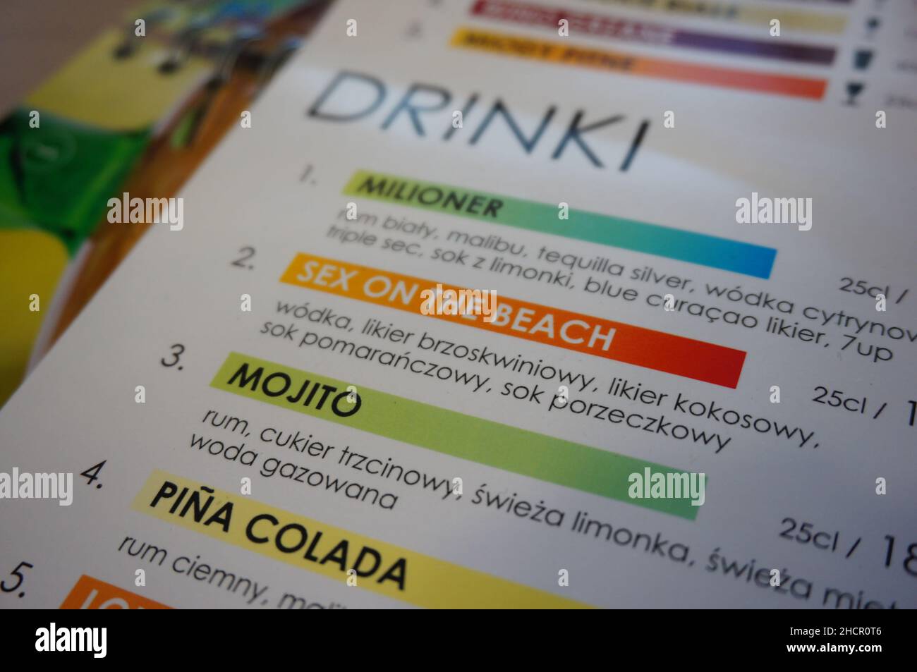Closeup of a colorful drink menu in the Polish language in Sarbinowo ...