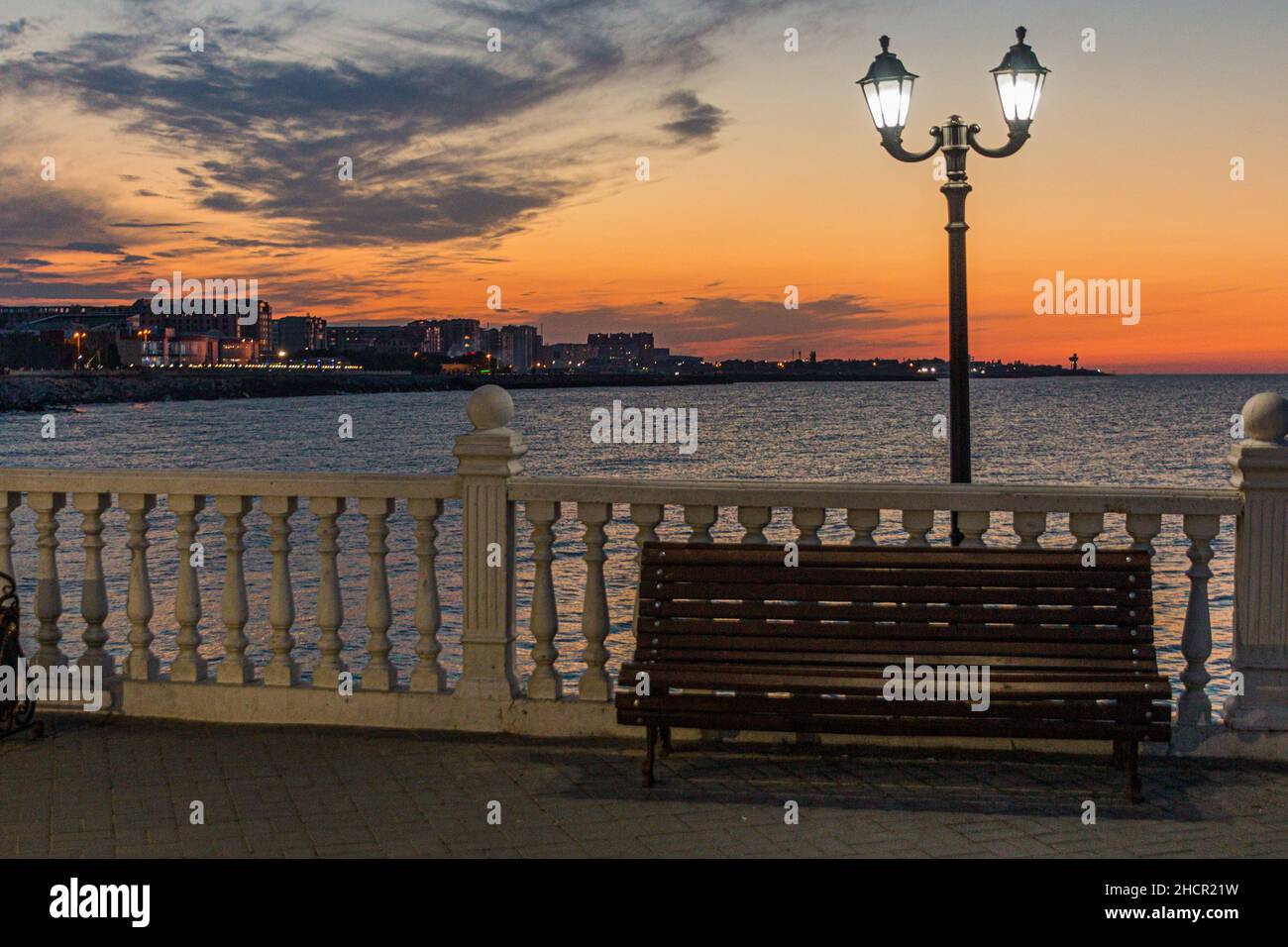 Sunset at the Caspian Sea coast in Kaspiysk in the Republic of Dagestan ...