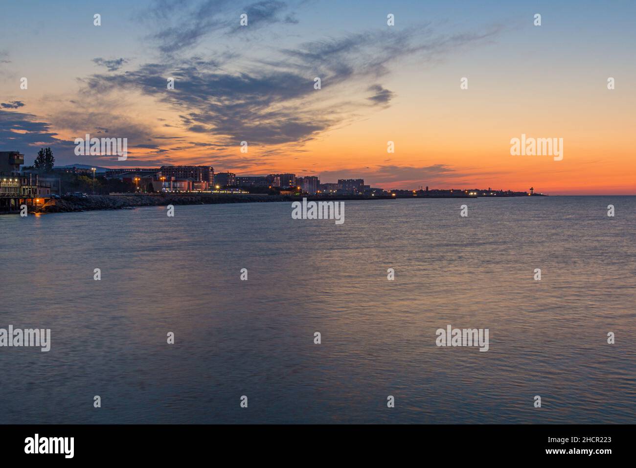 Sunset at the Caspian Sea coast in Kaspiysk in the Republic of Dagestan ...