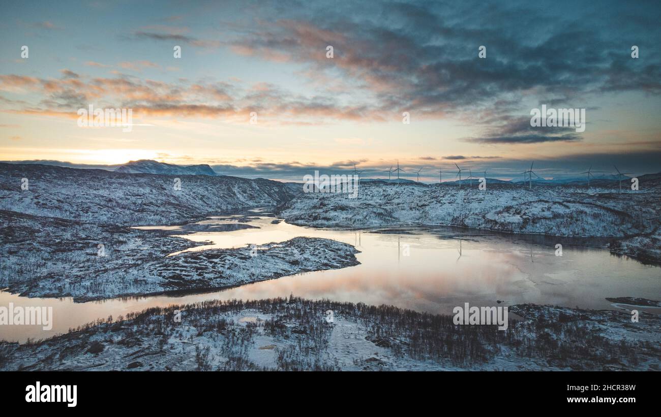 Sunset over a barren Norwegian mountain landscape in the Finnmark ...