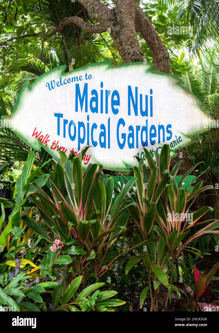 Sign at the entrance to the Maire Nui Tropical Gardens on the island of ...