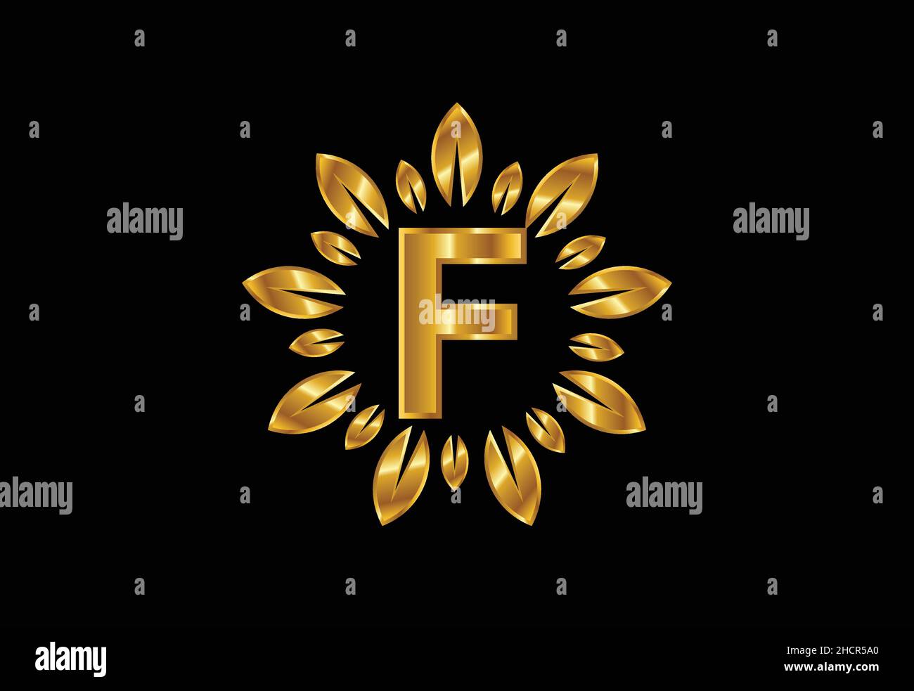Initial F monogram letter alphabet with golden leaf wreath. Flower logo ...
