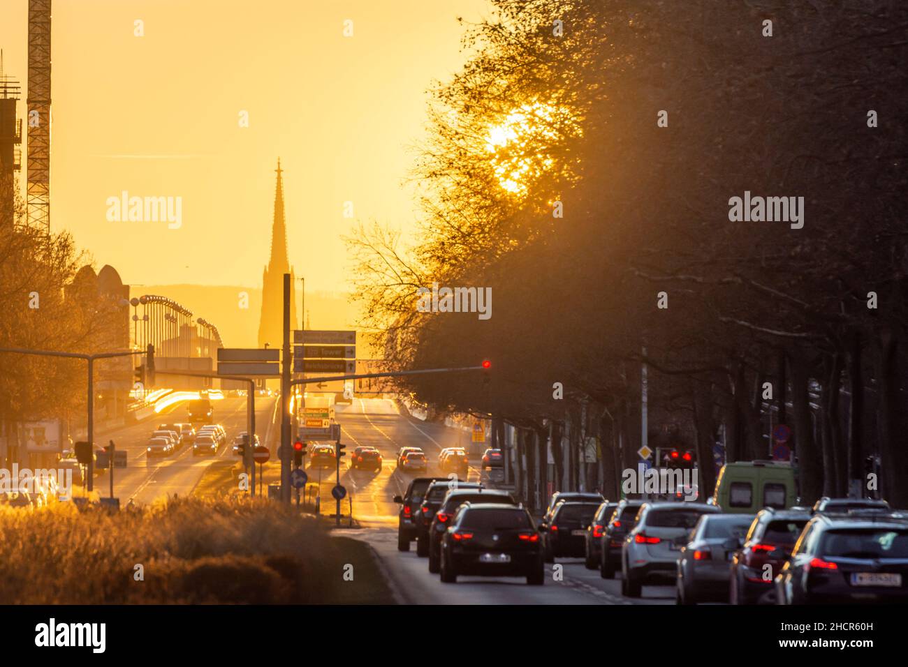 Wien, Vienna: sunset at street Wagramer Straße, Stephansdom (St ...