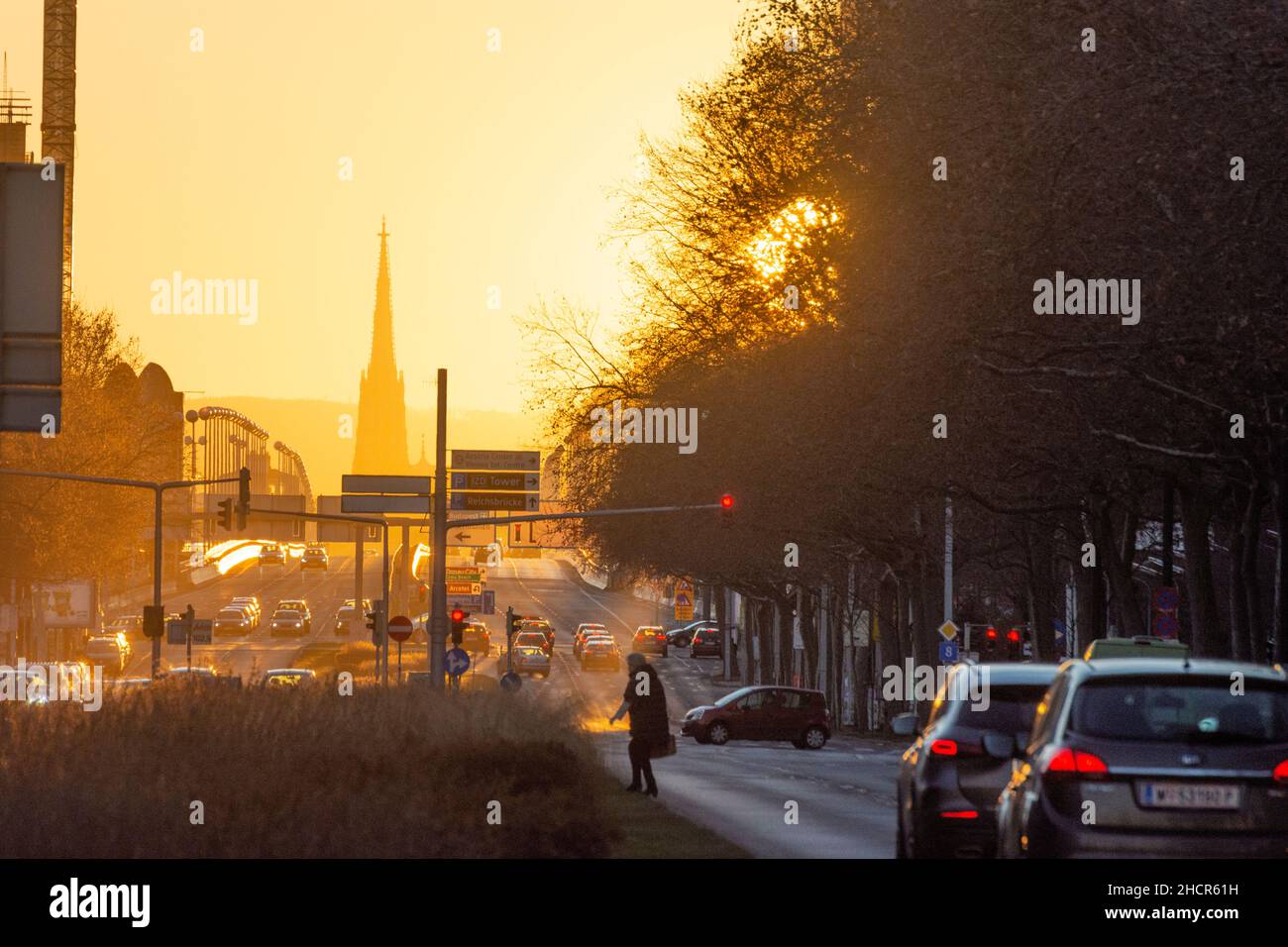 Wien, Vienna: sunset at street Wagramer Straße, Stephansdom (St ...