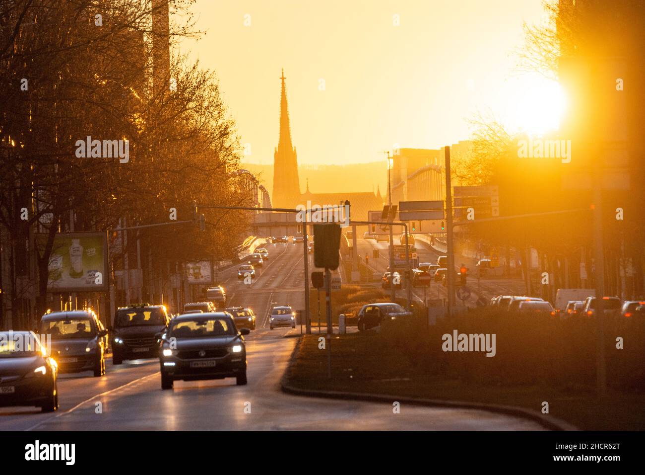Wien, Vienna: sunset at street Wagramer Straße, Stephansdom (St ...