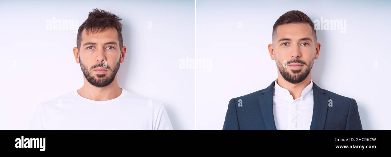 Young man before and after haircut in barbershop. Male beauty and ...