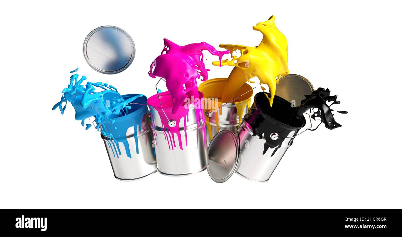 Four paint cans splashing CMYK colors isolated on white background ...