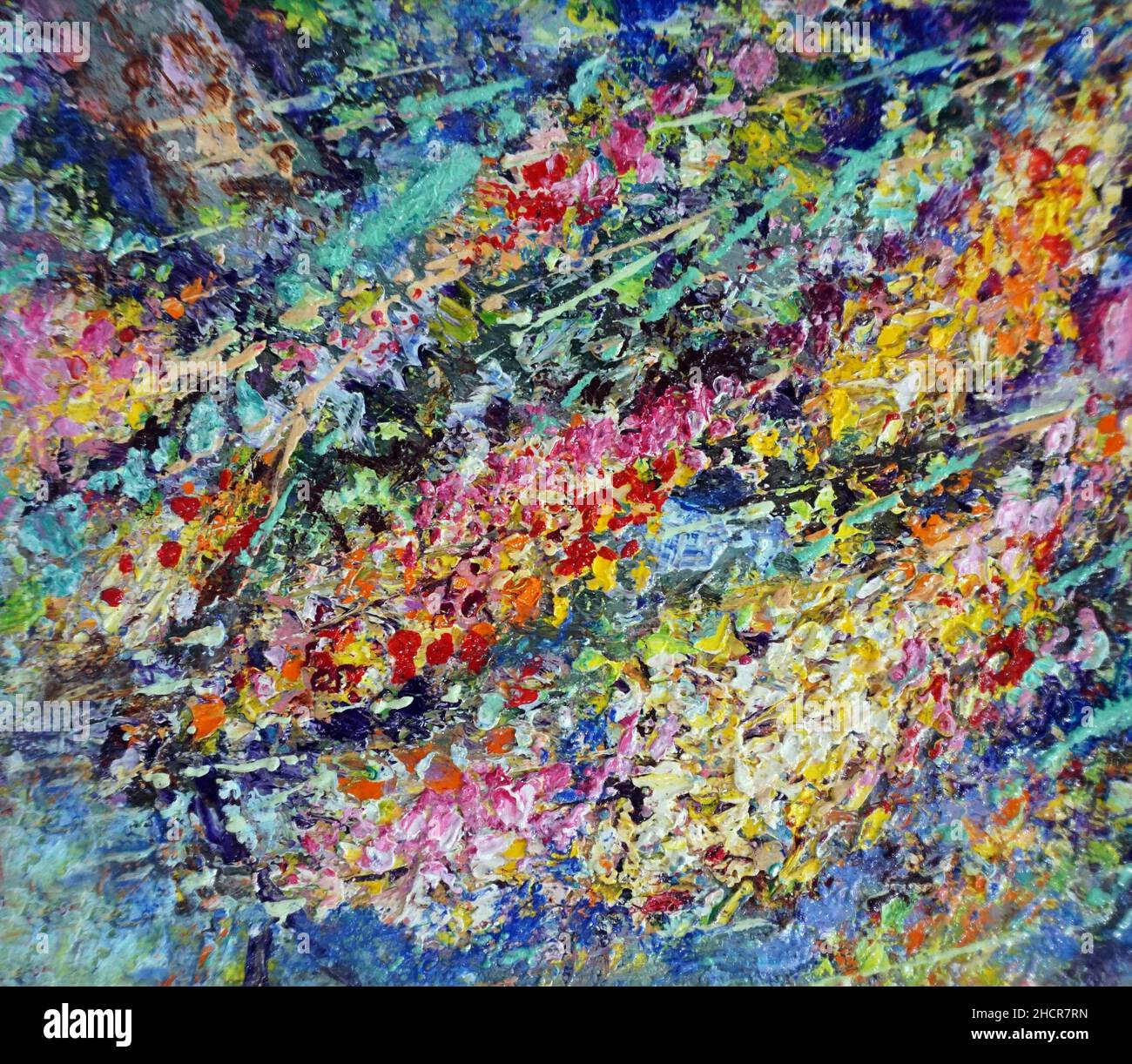 Art painting oil color Multiply flowers in garden , pathway from ...