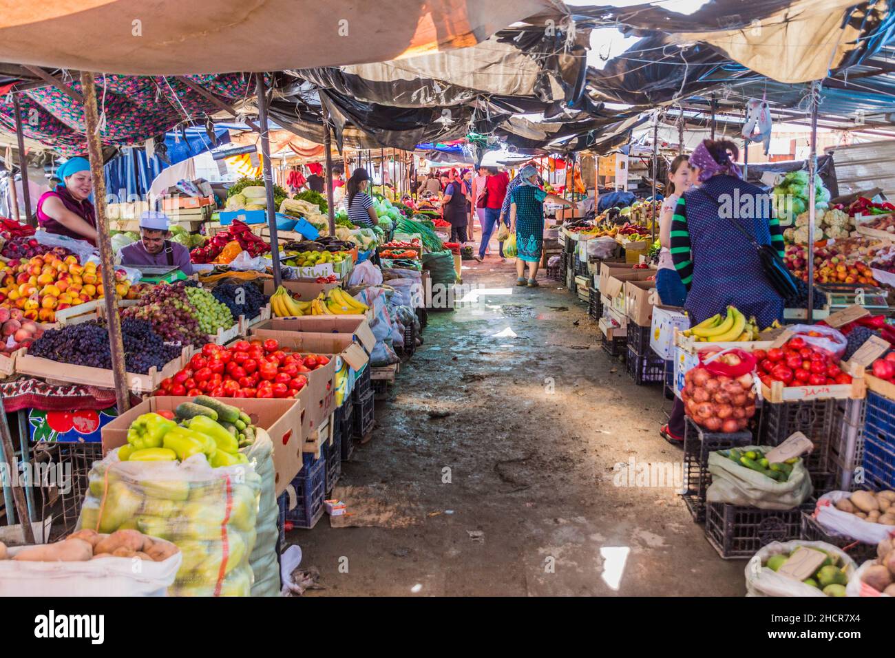 KARAKOL, KYRGYZSTAN - JULY 18, 2018: Fruits and vegetables section of ...