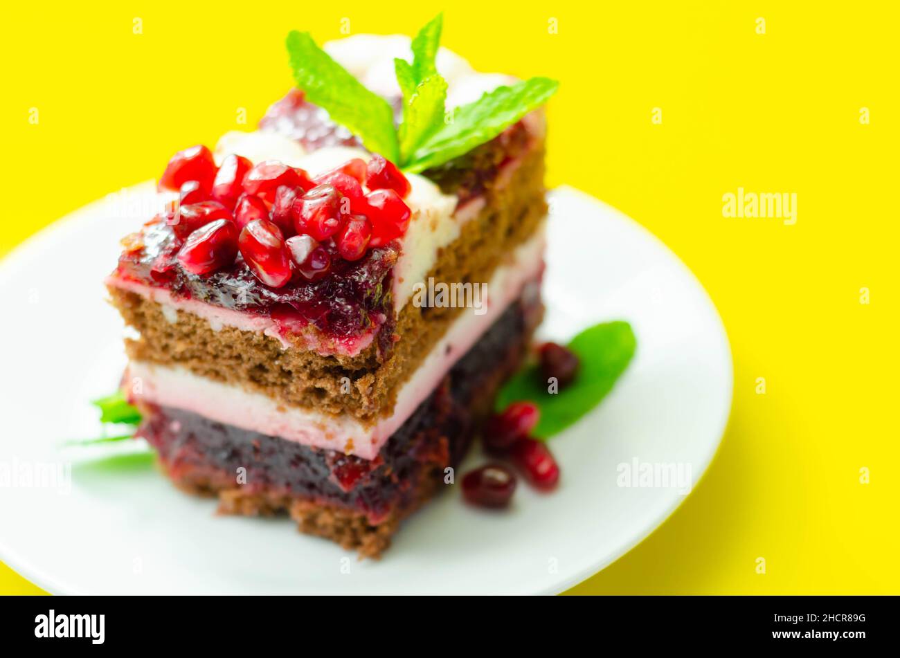 Colorful multi-layered cream chocolate cake with cherry jam and ...