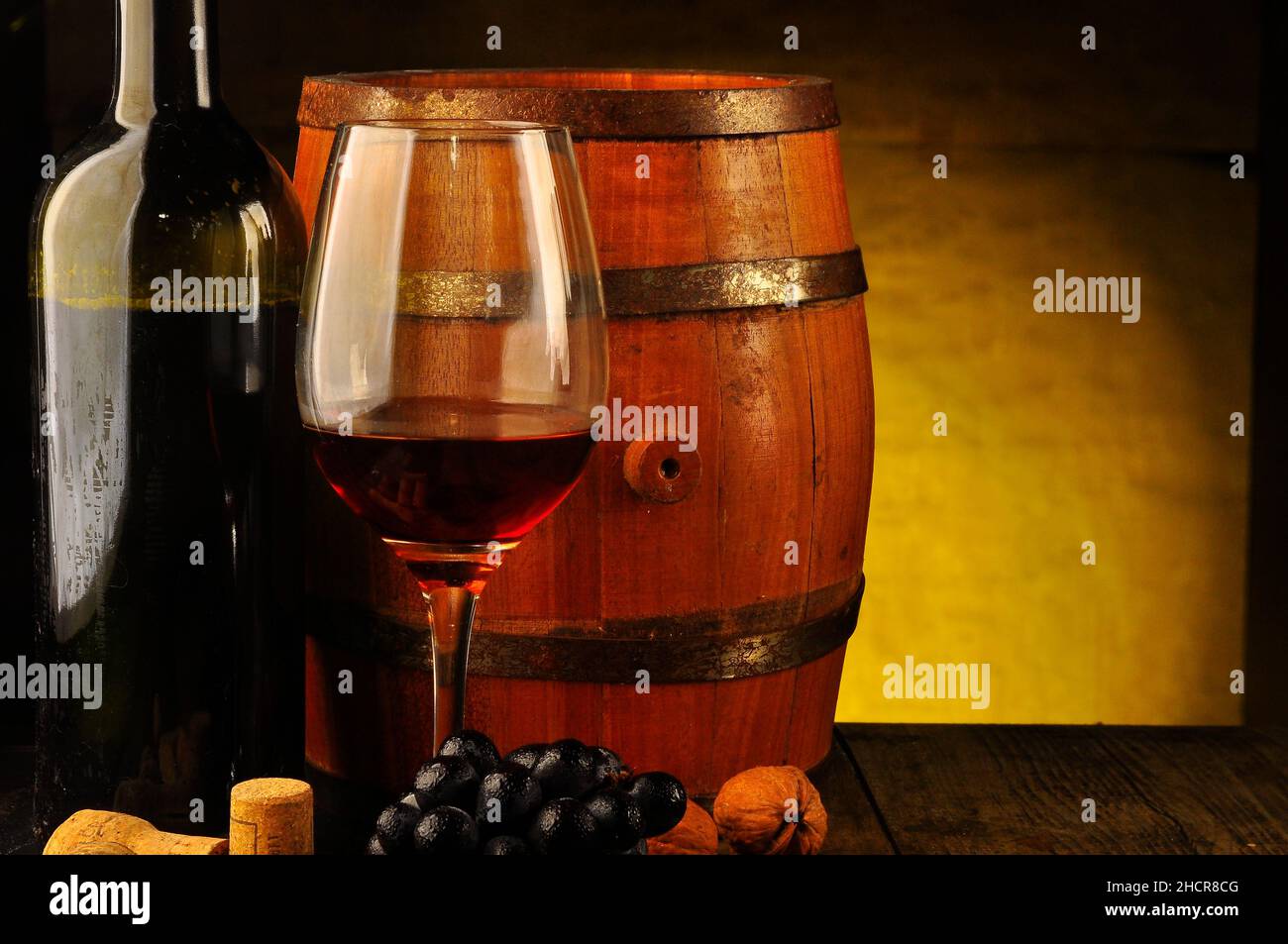 Still life with wine barrel glass and bottle.dark yelow gradient Stock ...