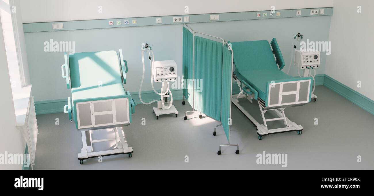 Two intensive care beds in an intensive care unit with ventilators for ...