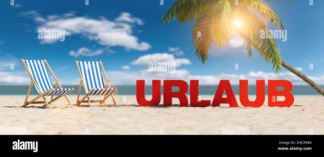 Urlaub (German for: vacation) concept with slogan on the beach with ...