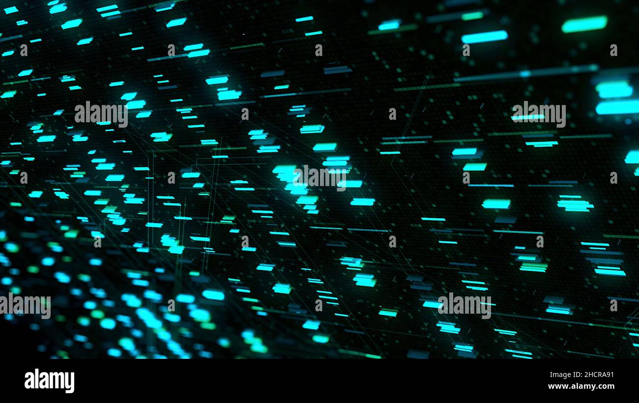 Abstract flowing rectangular particles of blue color on black ...