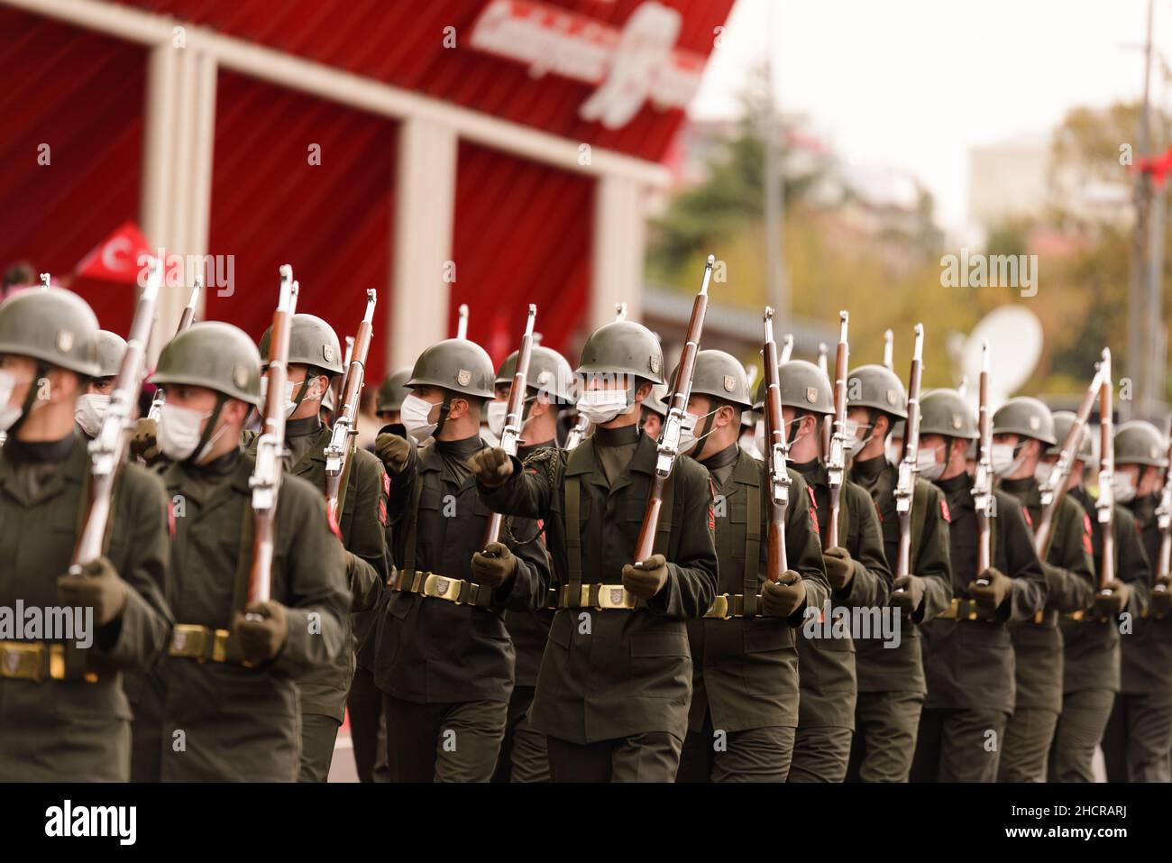 Istanbul, Turkey - October 29, 2021: Turkish soldiers lockstep walk ...
