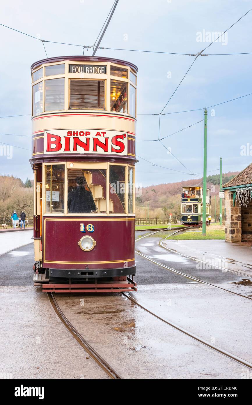 vintage electric tram in maroon with Binns store advertising at Beamish ...