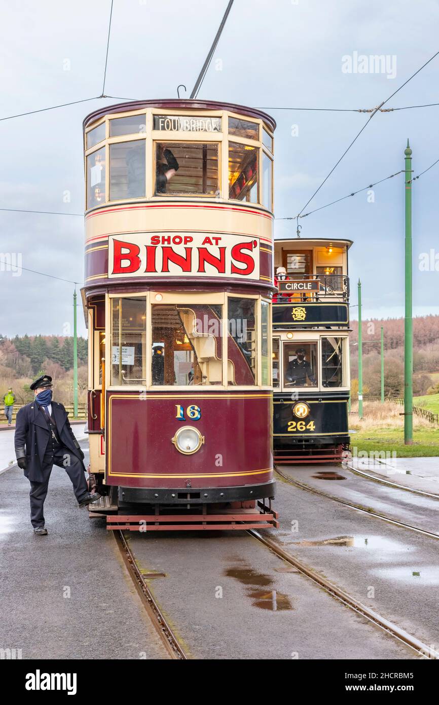 vintage electric tram in maroon with Binns store advertising at Beamish ...