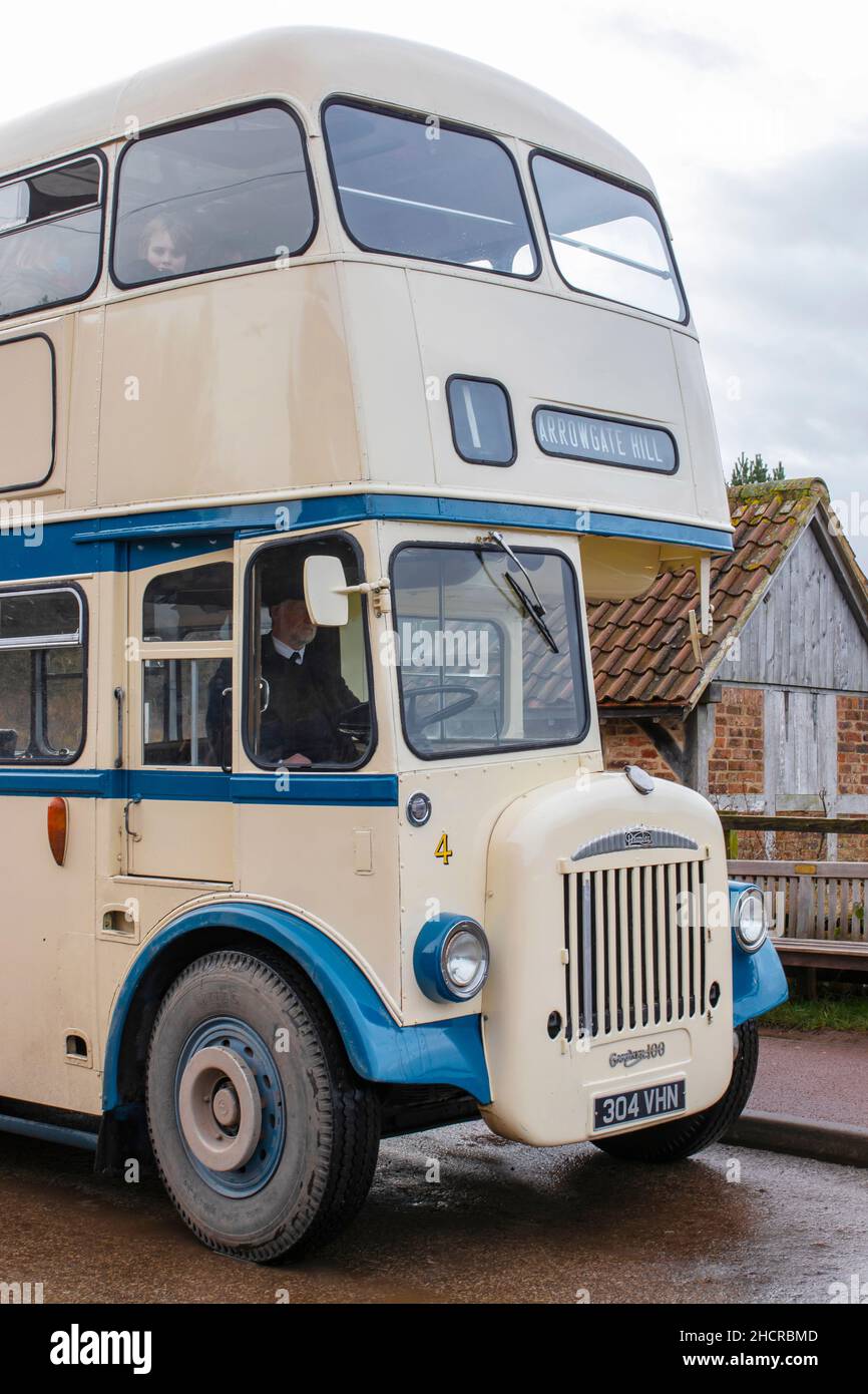 vintage double decker bus at Beamish Village Stock Photo - Alamy