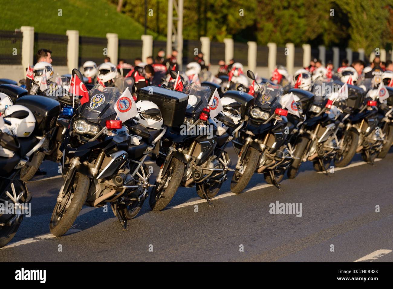 Istanbul, Turkey - October 29, 2021: Motorcycle police team on the road ...