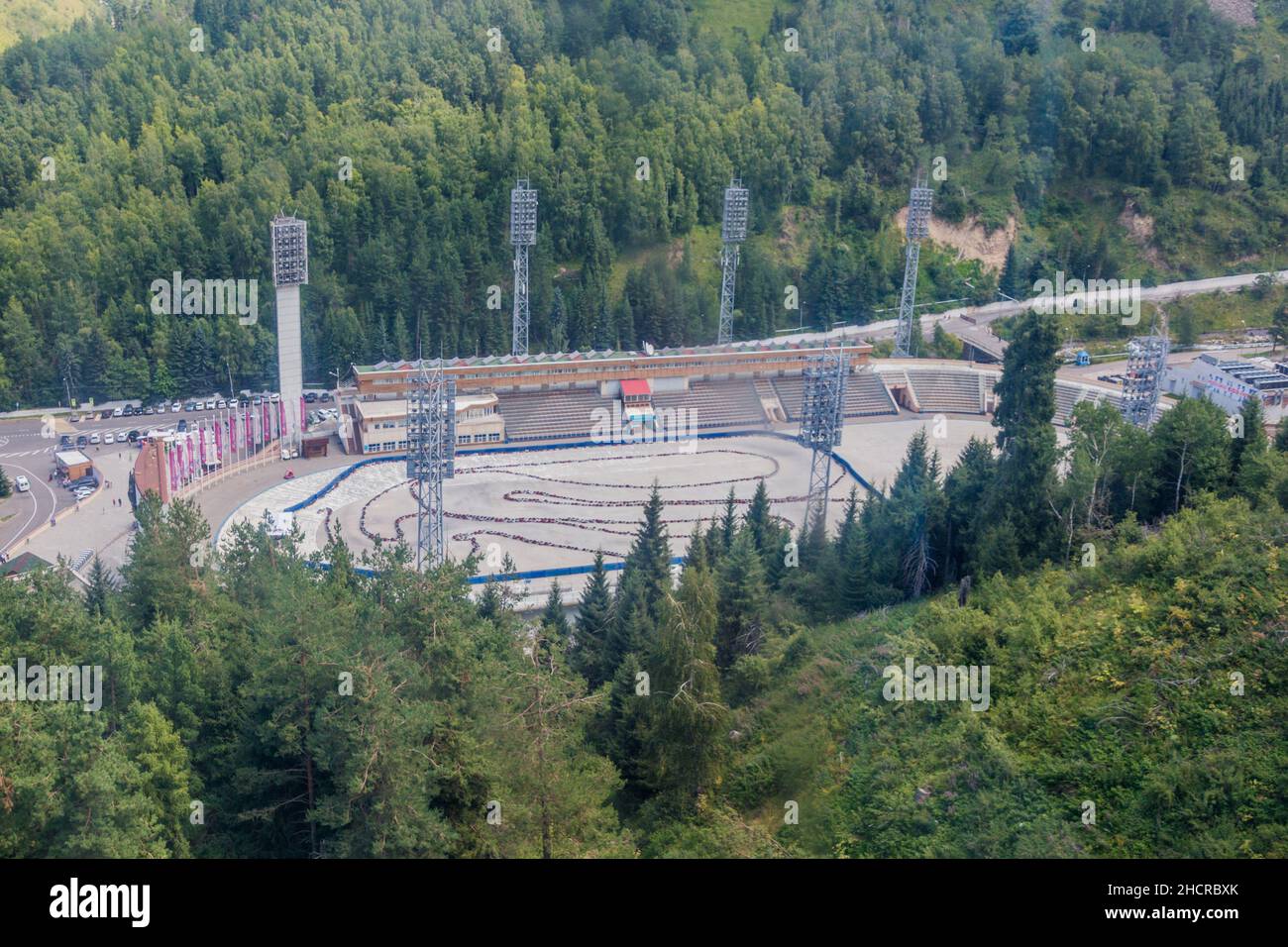 ALMATY, KAZAKHSTAN - JULY 29, 2018: Aerial view of Medeo ice rink near ...