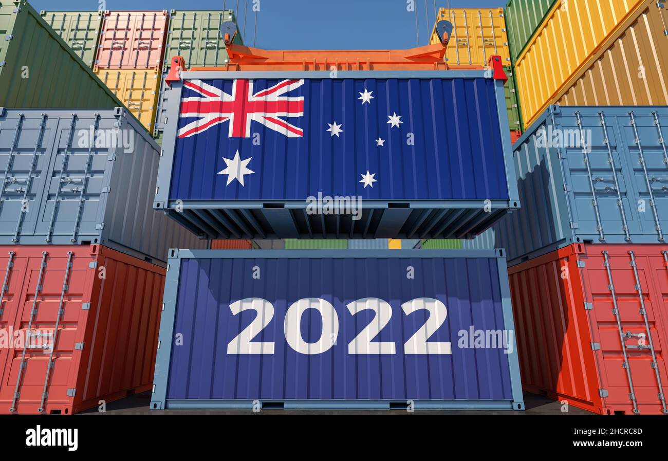 Trading 2022. Freight container with Australia national flag. 3D ...