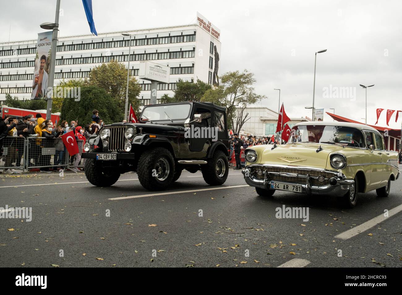 Istanbul, Turkey - October 29, 2021: A yellow 1955 Chevrolet 210 and a ...