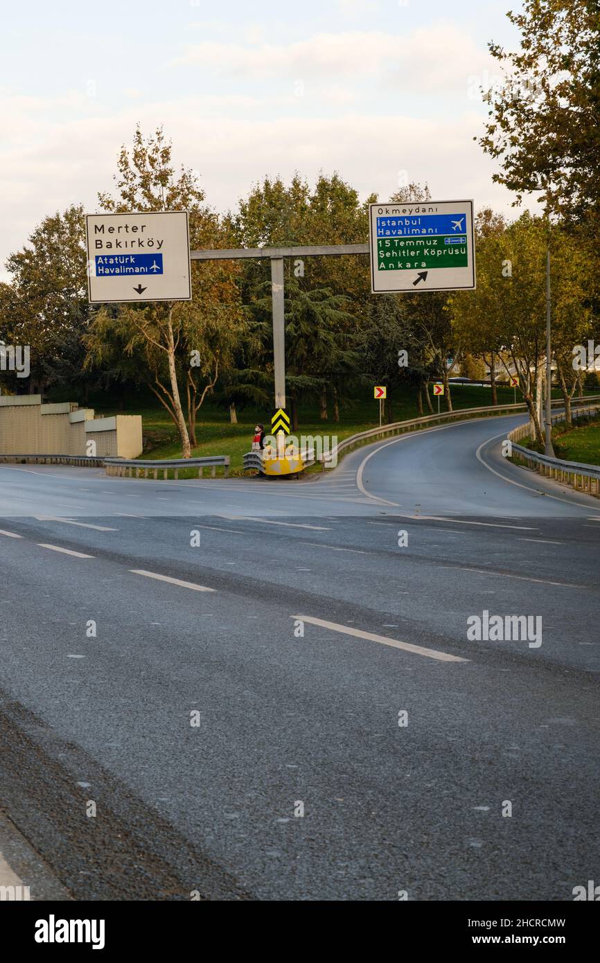 Istanbul, Turkey - October 29, 2021: Empty road, turnout and road sign ...