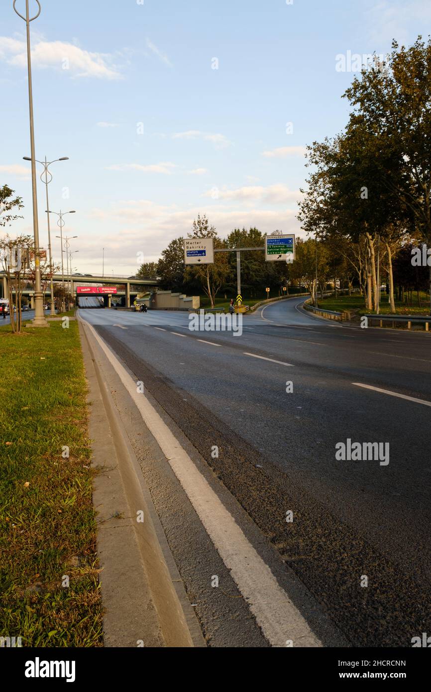 Istanbul, Turkey - October 29, 2021: Empty road, turnout and road sign ...