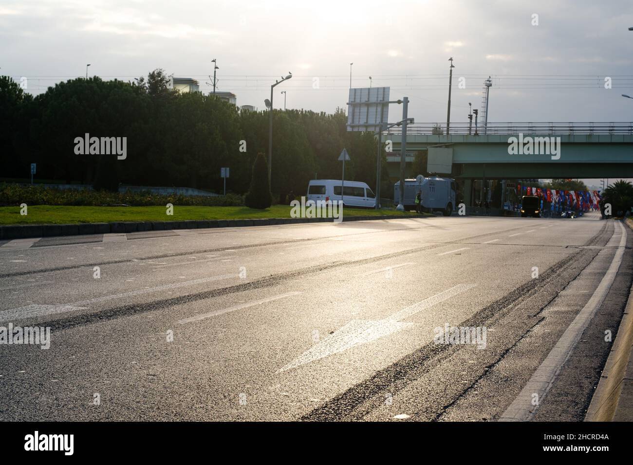 Istanbul, Turkey - October 29, 2021: Empty road and overpass in city in ...