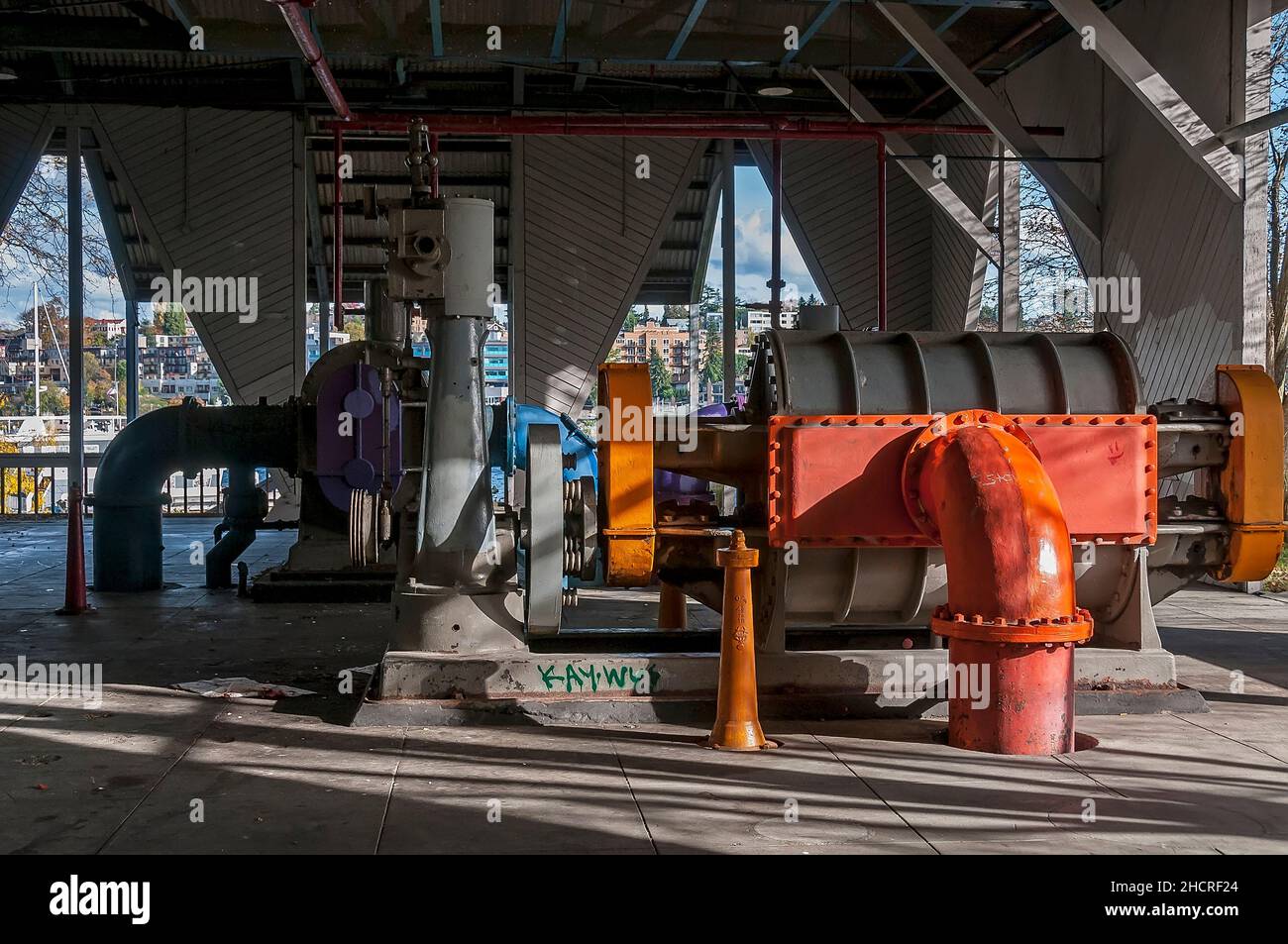 Machinery under a roof at the old gasification plant at Gas Works Park ...