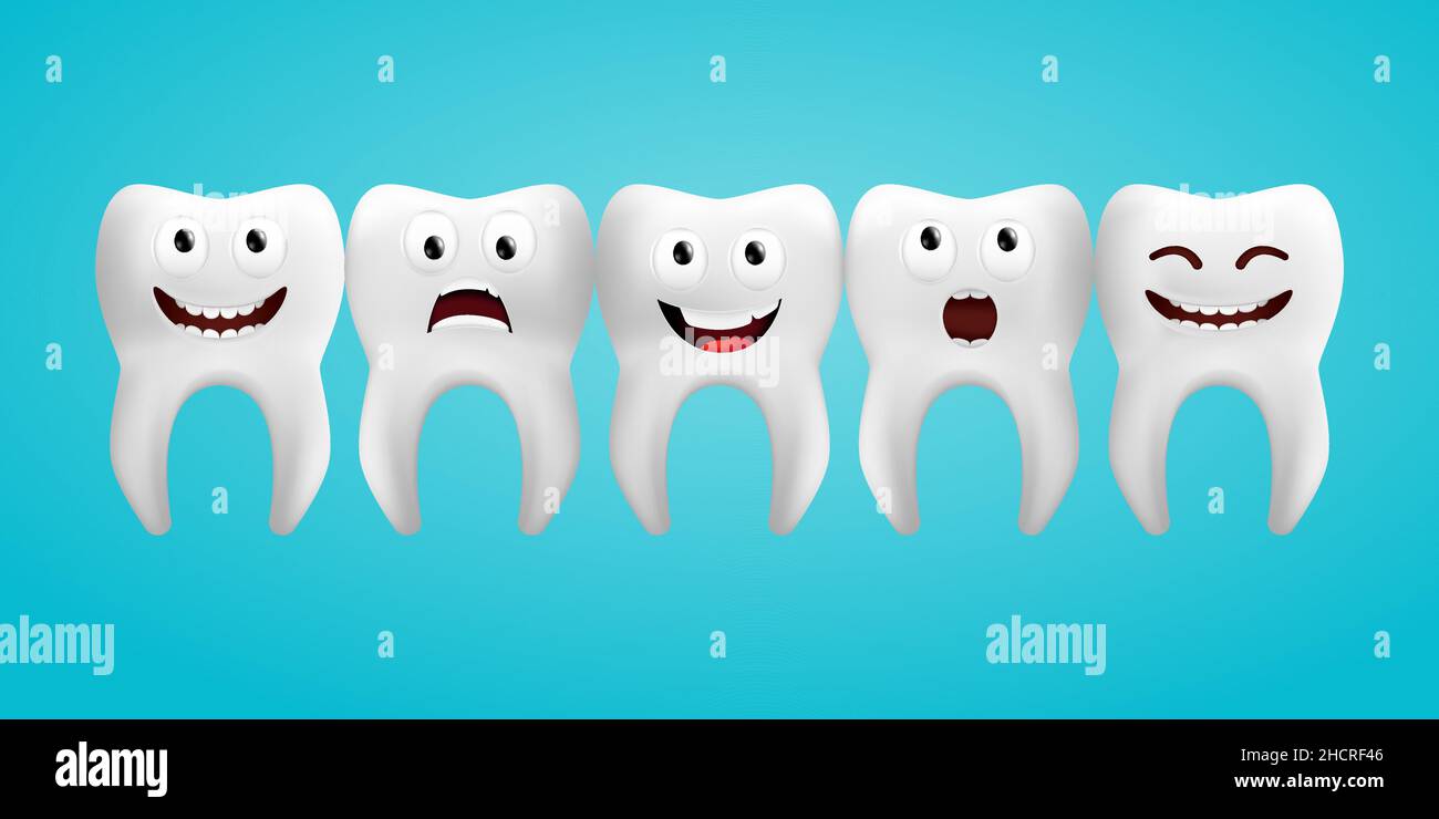 Funny teeth with different facial expressions. Smiling white teeth in a ...