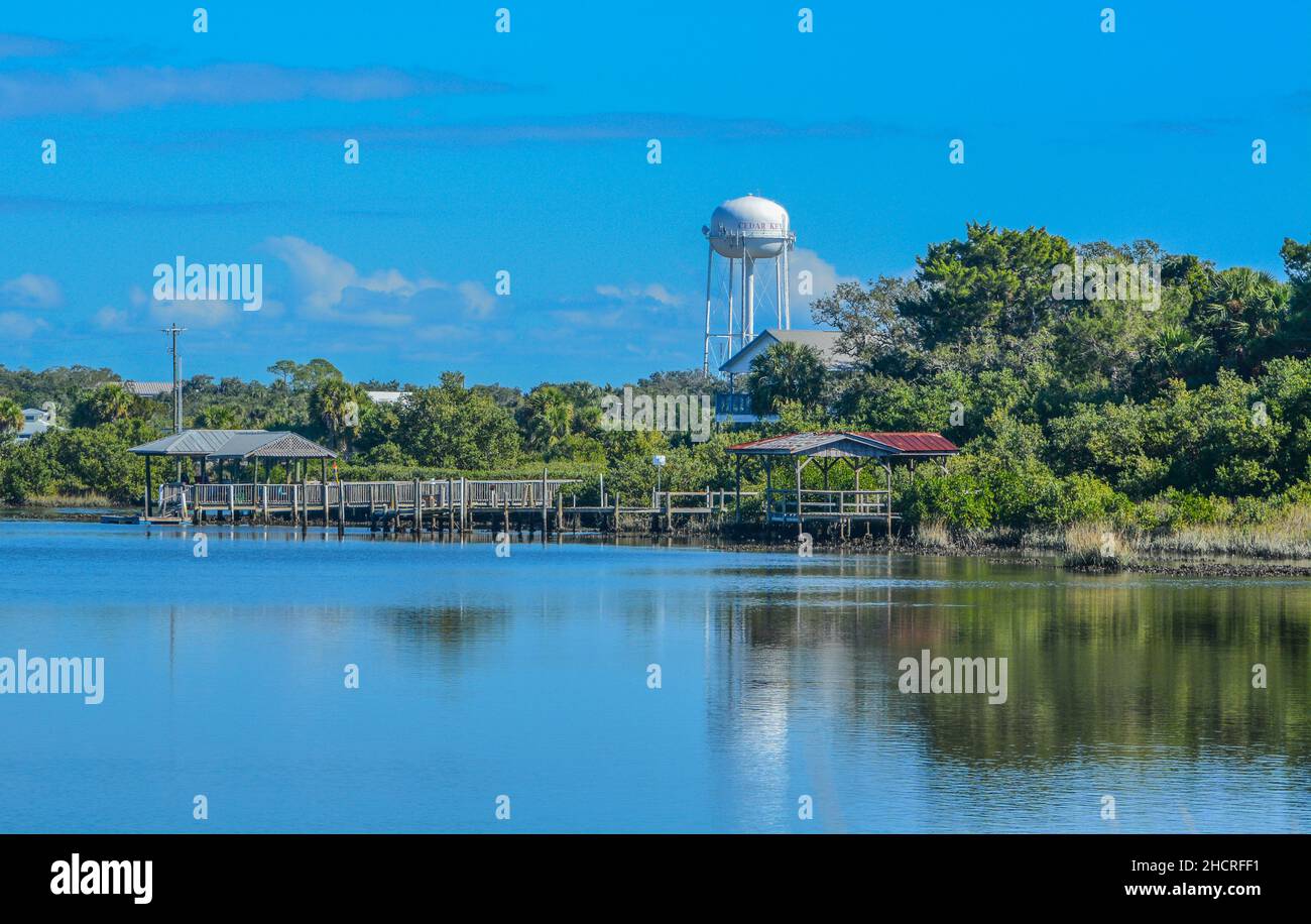 The Cedar Key Water Tower and Fishing Pier on the Island City of Cedar ...
