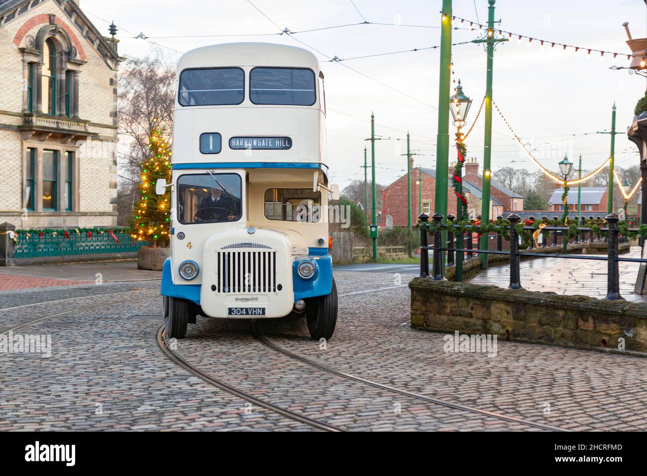 blue and cream vintage double decker bus at Beamish Village Stock Photo ...