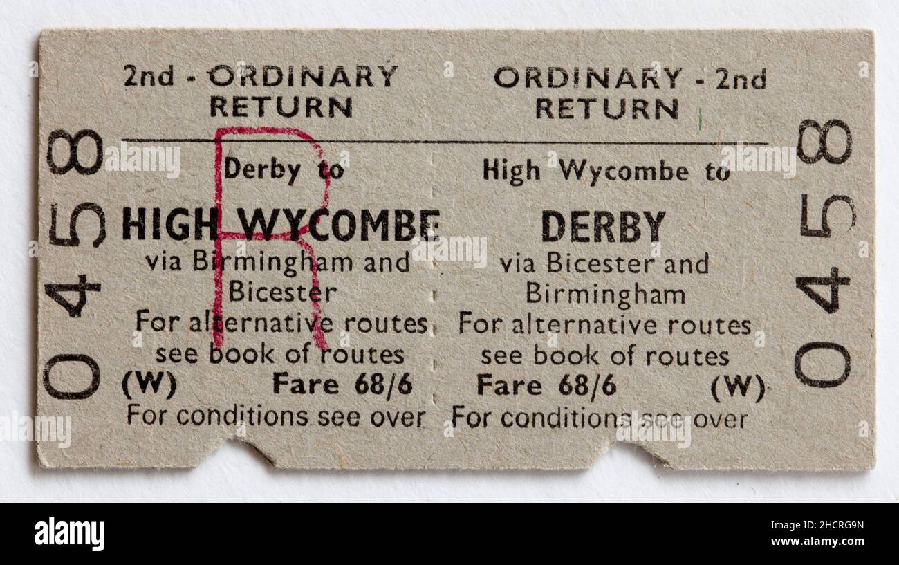 Old 1960s British Railway Train Ticket - High Wycombe to Derby Stock ...