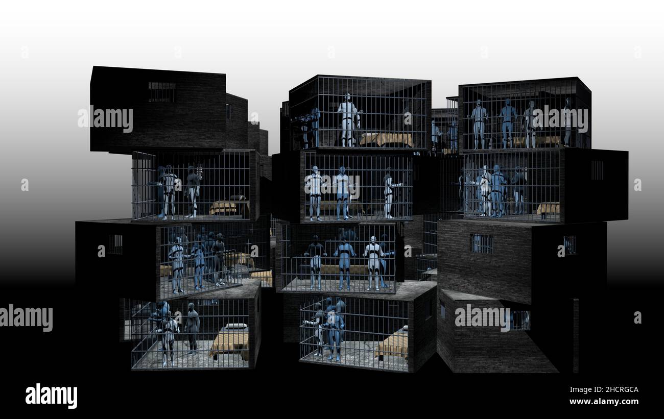 Prison concept with dark messy cell blocks with people inside against ...