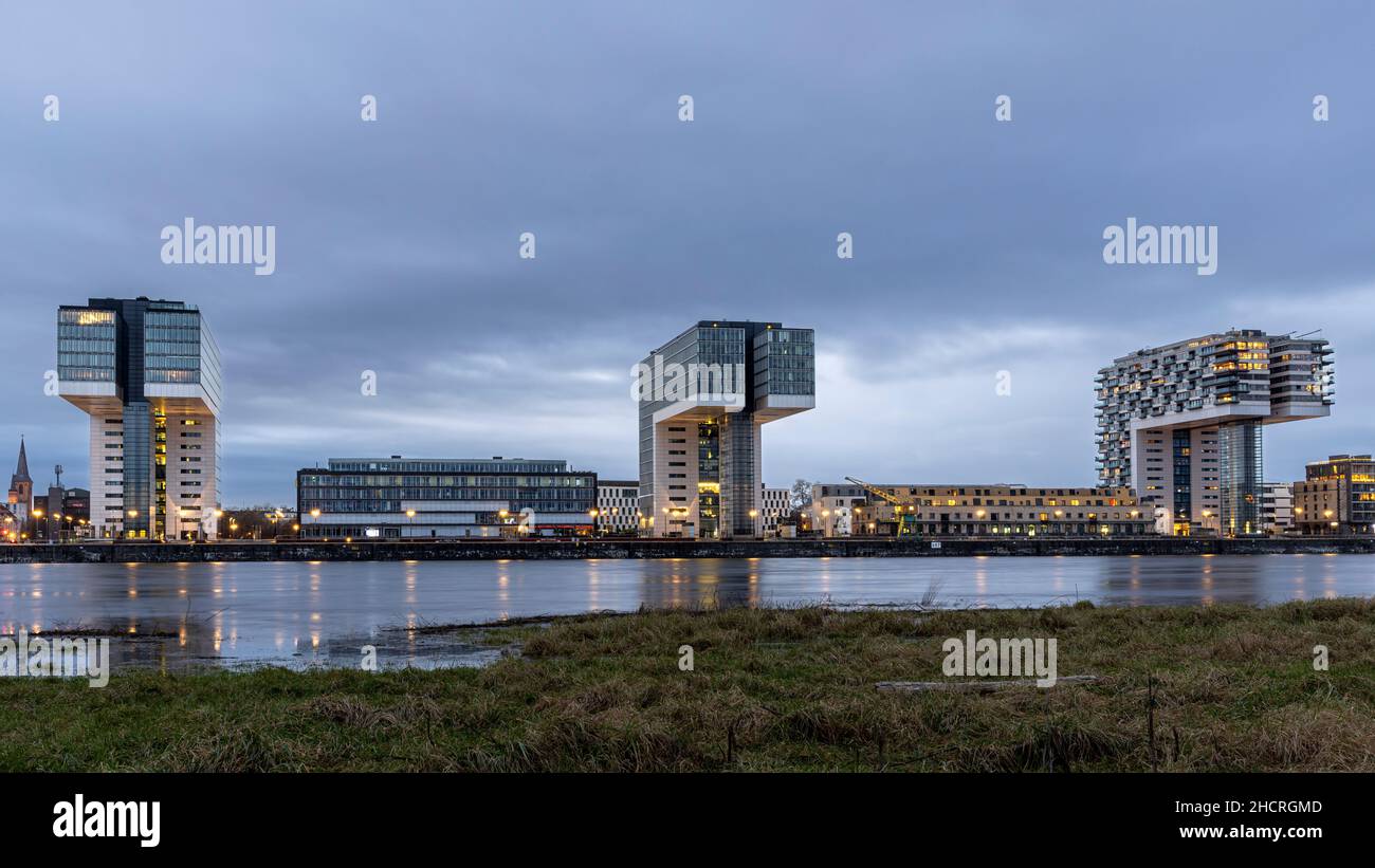 Crane houses as modern part of Cologne urban skyline in winter twilight ...