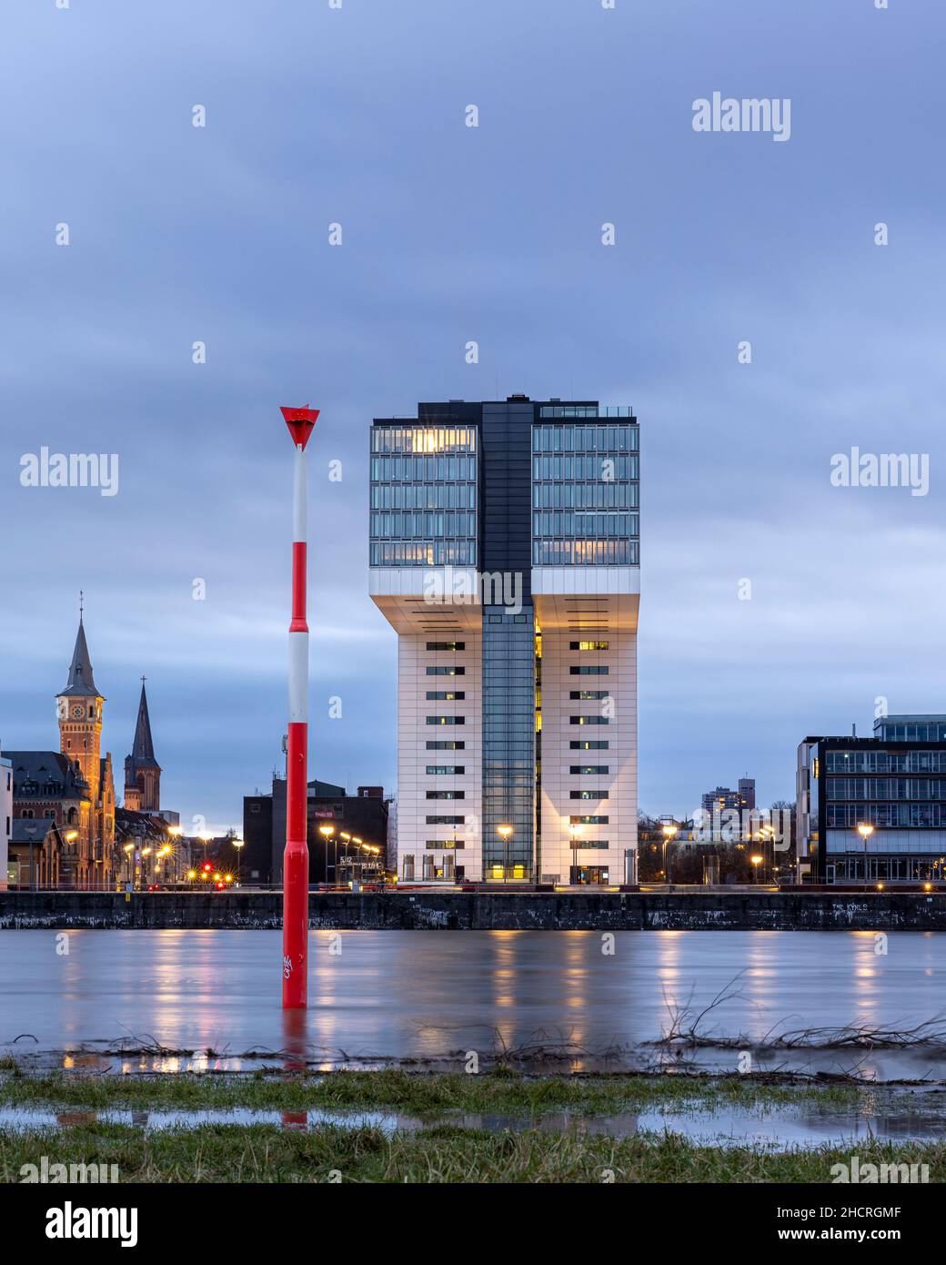 Crane houses as modern part of Cologne urban skyline in winter twilight ...