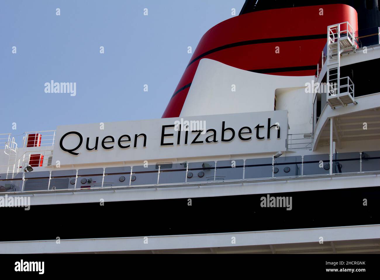 Detail of the name of the Cunard cruise liner Queen Elizabeth on the ...