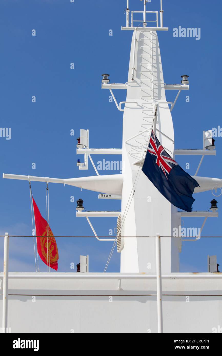 Mast array of the Queen Elizabeth cruise liner showing the Cunard house ...