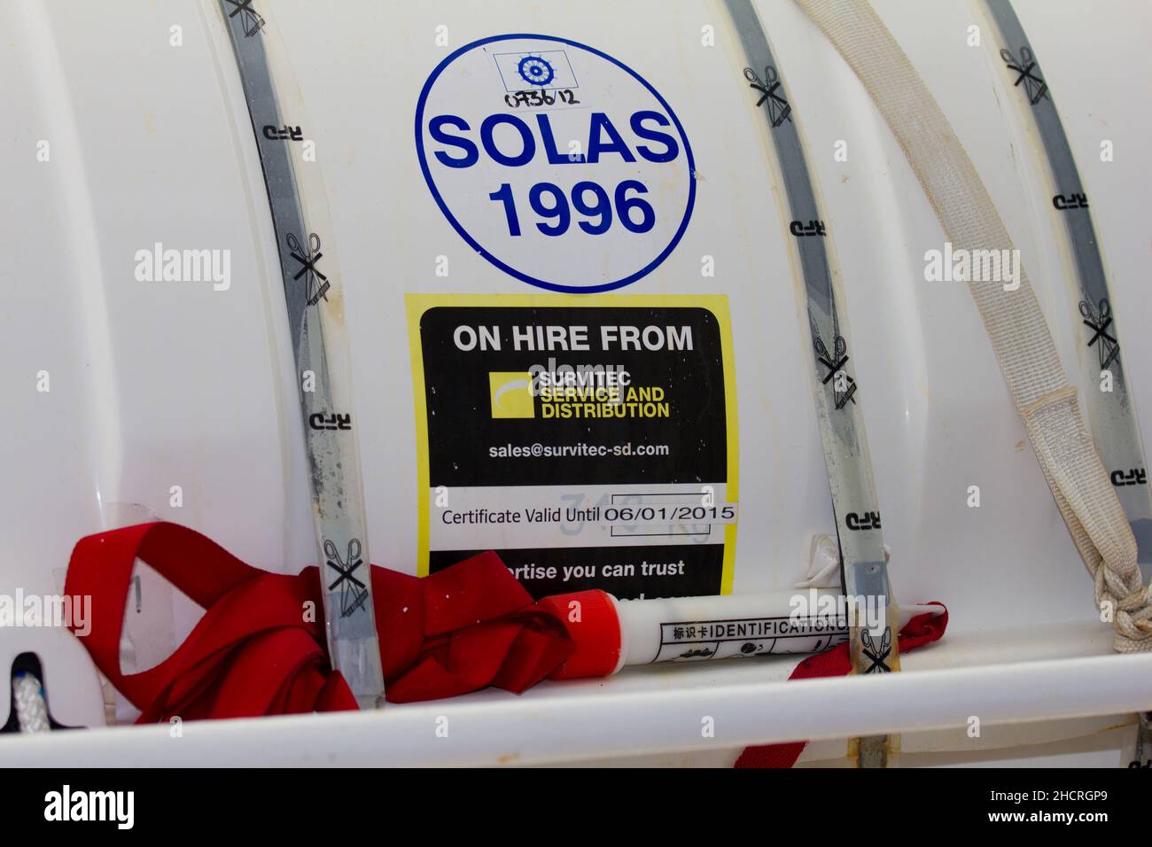 Detail of an inflatable life raft on the Cunard cruise liner Queen ...