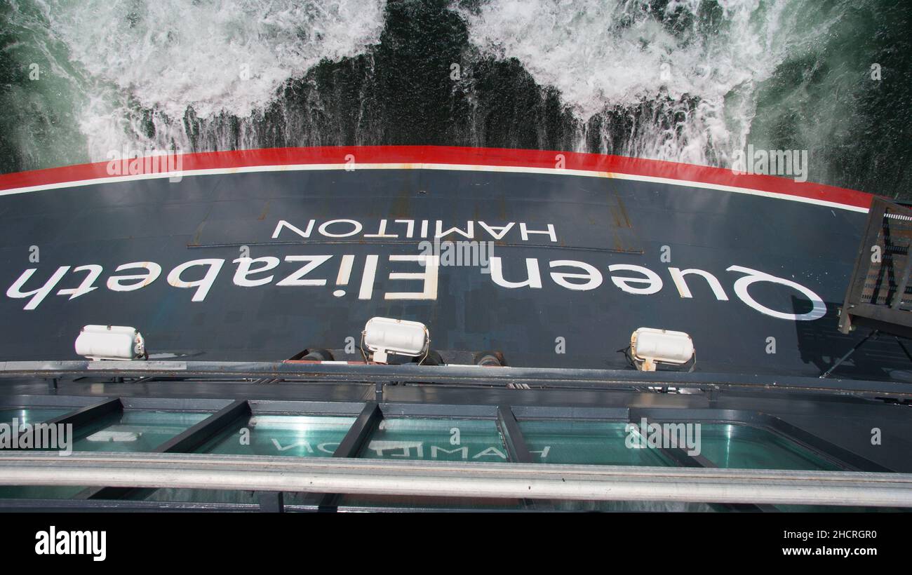 The stern or stem of the Cunard cruise liner Queen Elizabeth under way ...