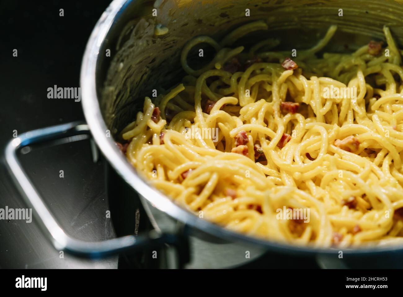 Carbonara pasta, spaghetti with pancetta, egg, hard parmesan cheese and ...