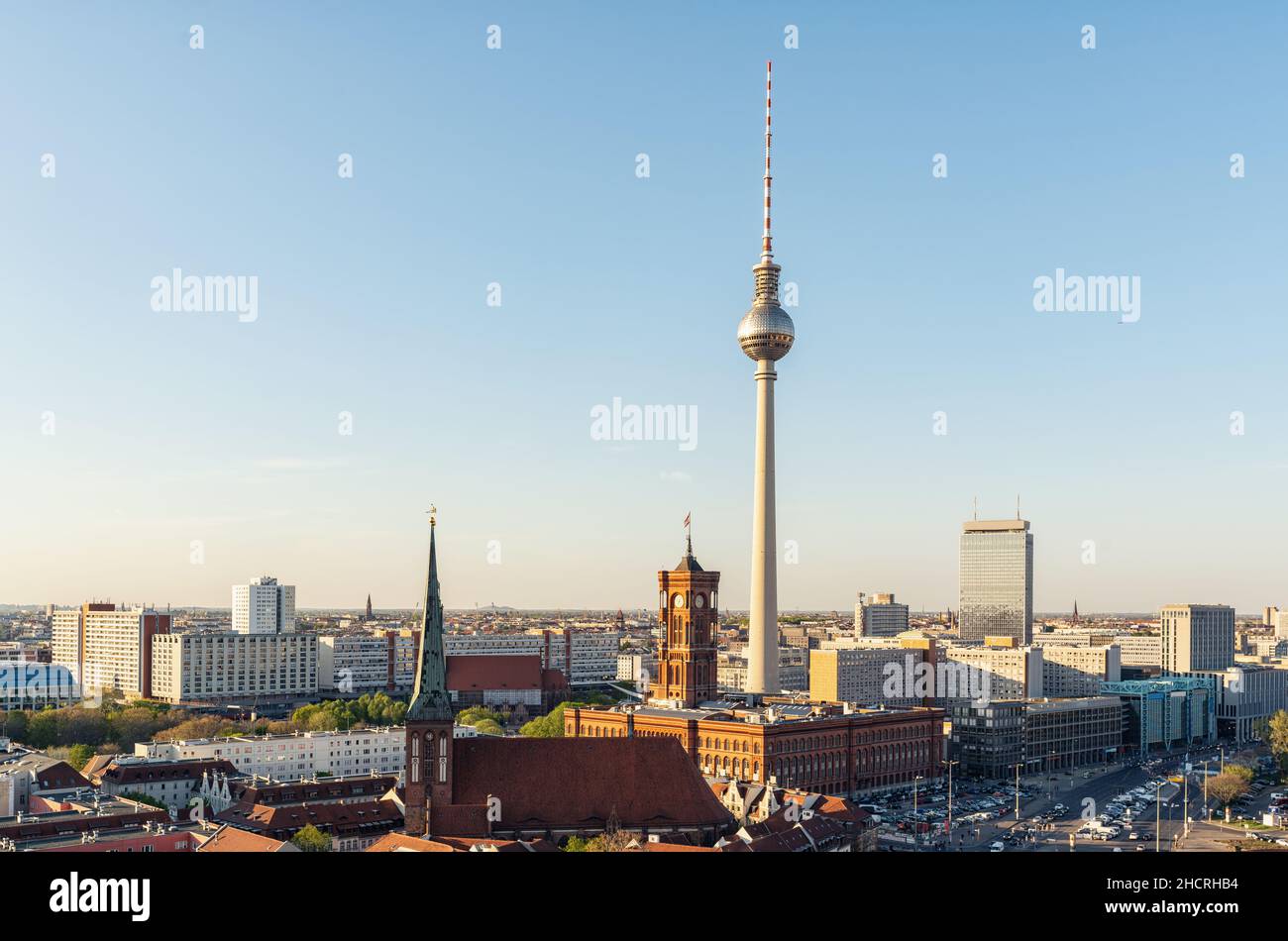 Aerial view of Berlin skyline with famous TV tower in beautiful evening ...