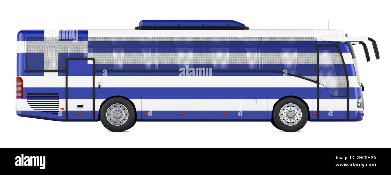Bus travel in Greece, Greek bus tours, concept. 3D rendering isolated ...