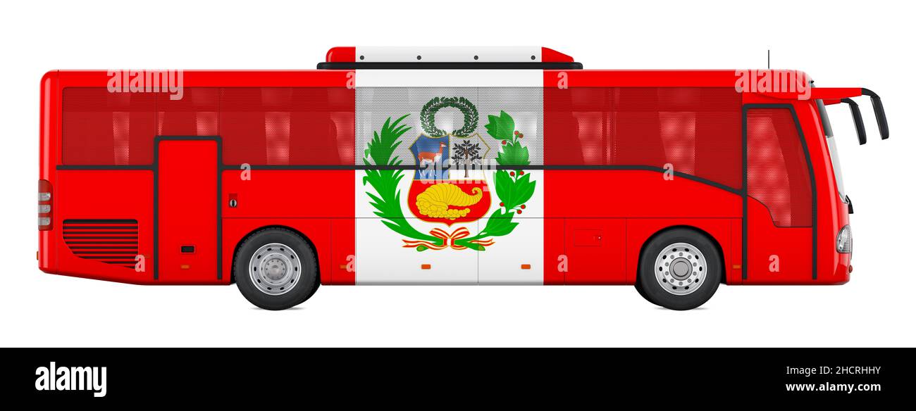 Bus travel in Peru, Peruvian bus tours, concept. 3D rendering isolated ...